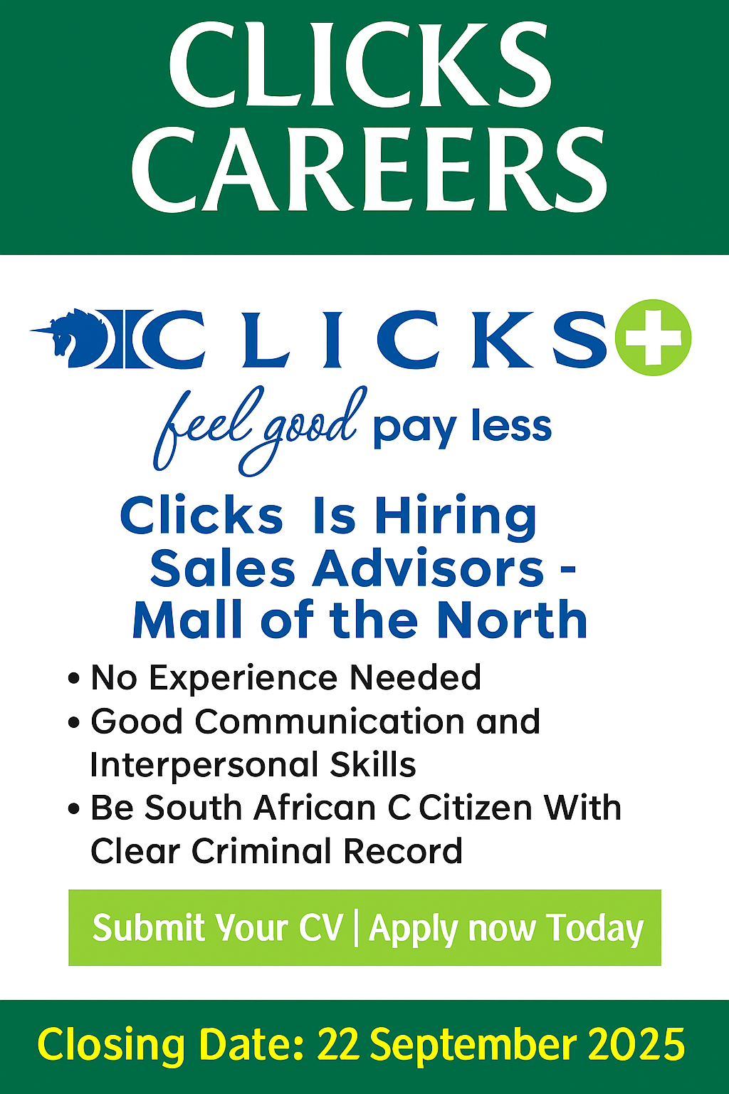 Sales Advisor (27–40hr) – Clicks Mall of the North – RIGHTCAREER247